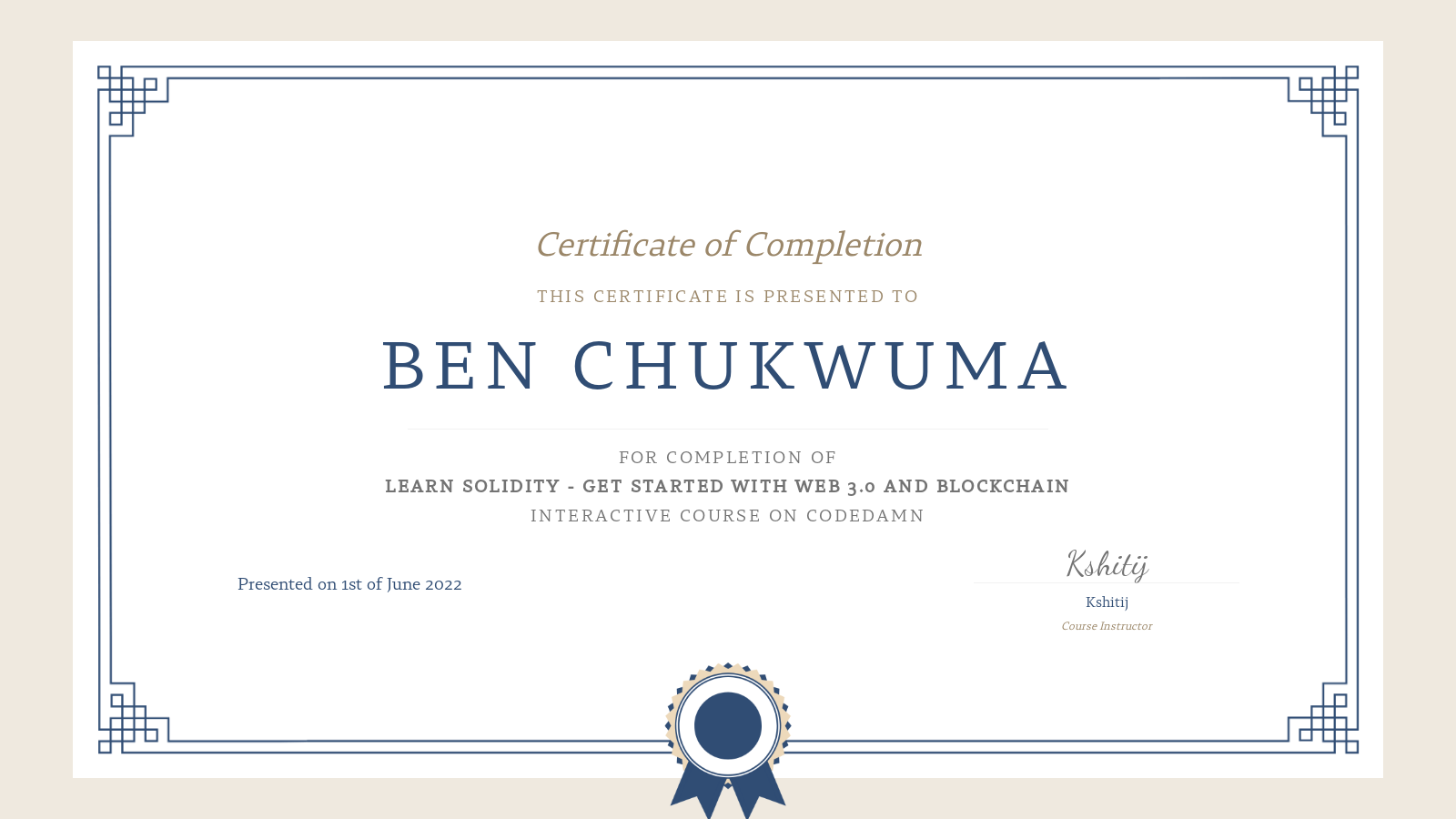 Ben Chukwuma's certification for Learn Solidity - Get Started With Web 3.0 And Blockchain | codedamn