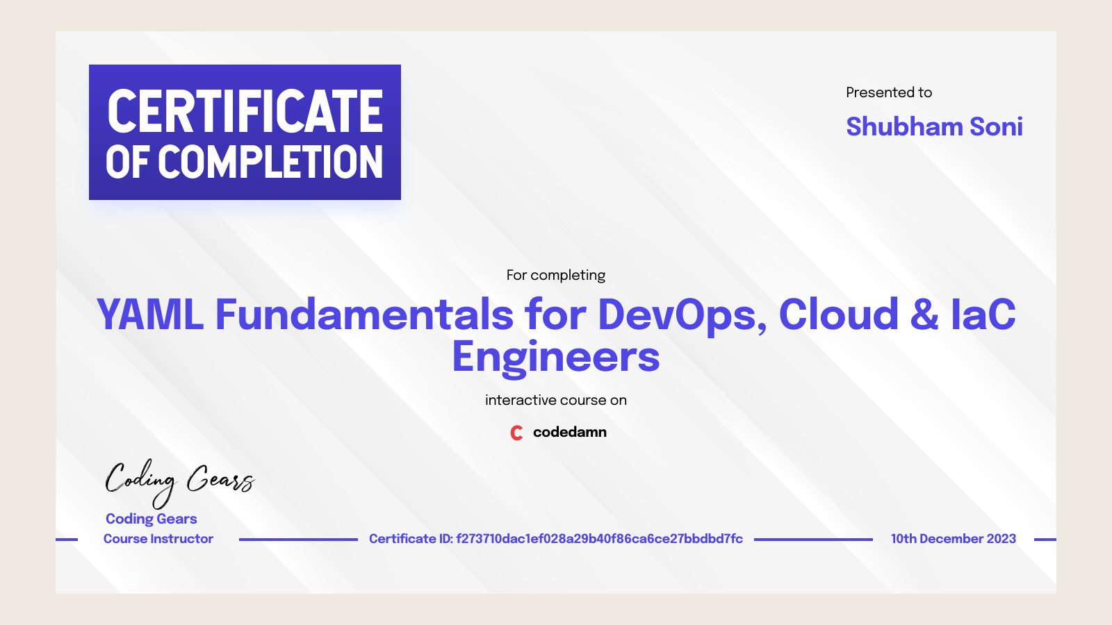 Shubham Soni's certification for YAML Fundamentals for DevOps, Cloud & IaC Engineers | codedamn