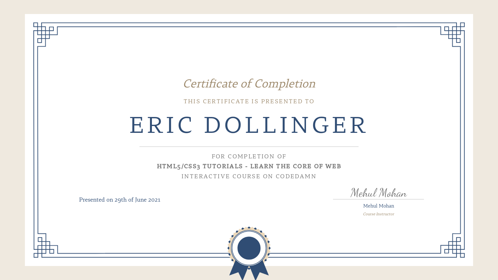 Eric Dollinger's certification for Learn HTML and CSS [2023 Ready] | codedamn