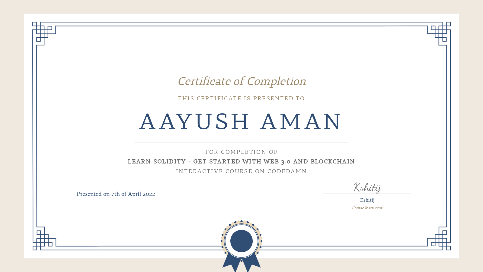 Aayush Amans Certification For Learn Solidity Get Started With Web 30 And Blockchain Codedamn 6084