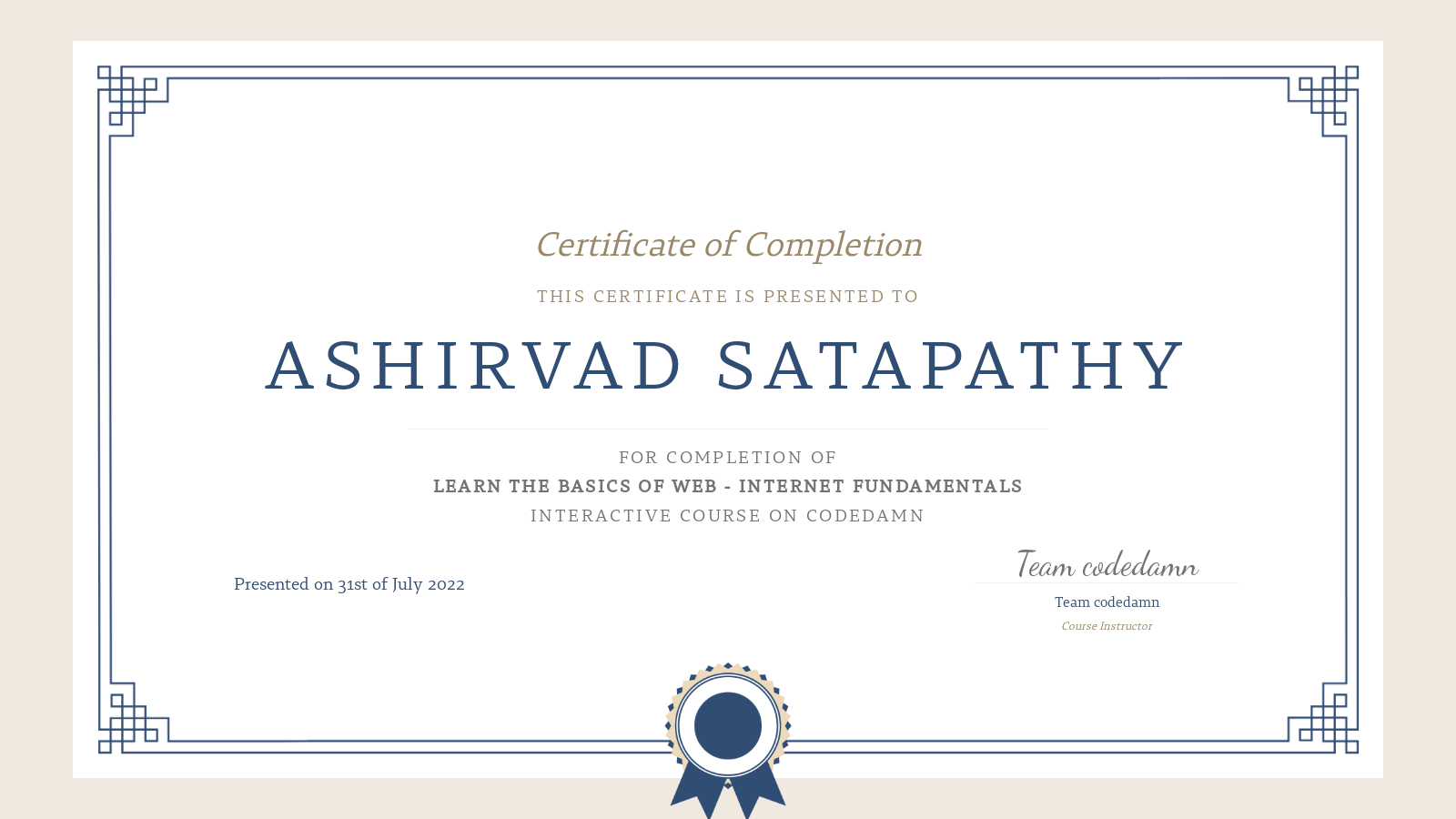 Ashirvad Satapathy's certification for Learn the basics of web - Internet fundamentals | codedamn