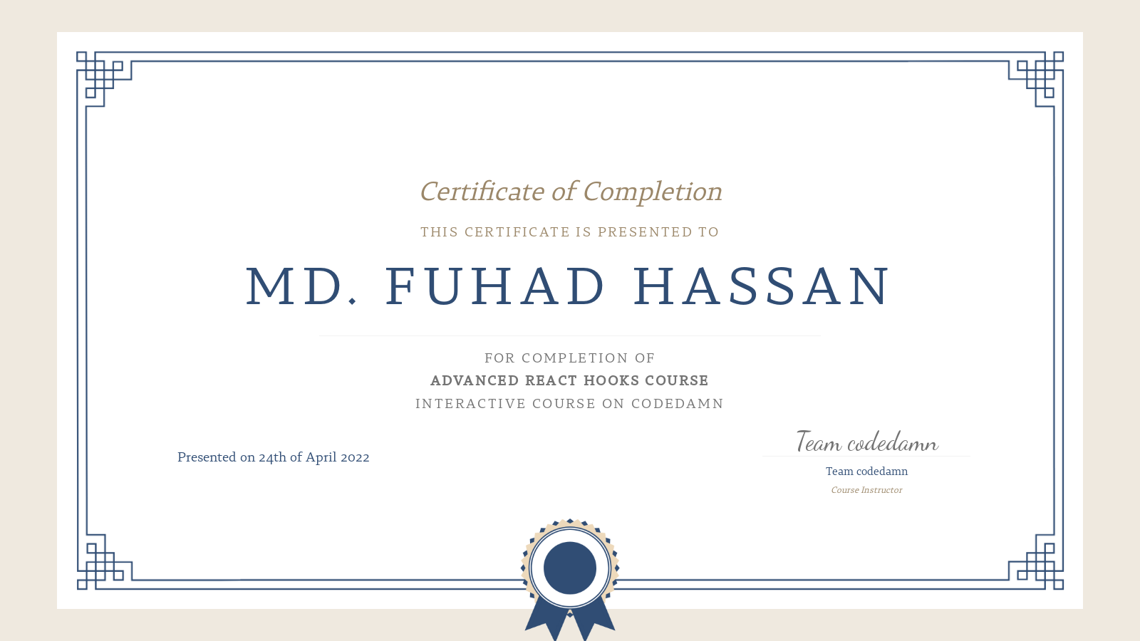 MD. Fuhad Hassan's certification for Advanced React Hooks Course | codedamn