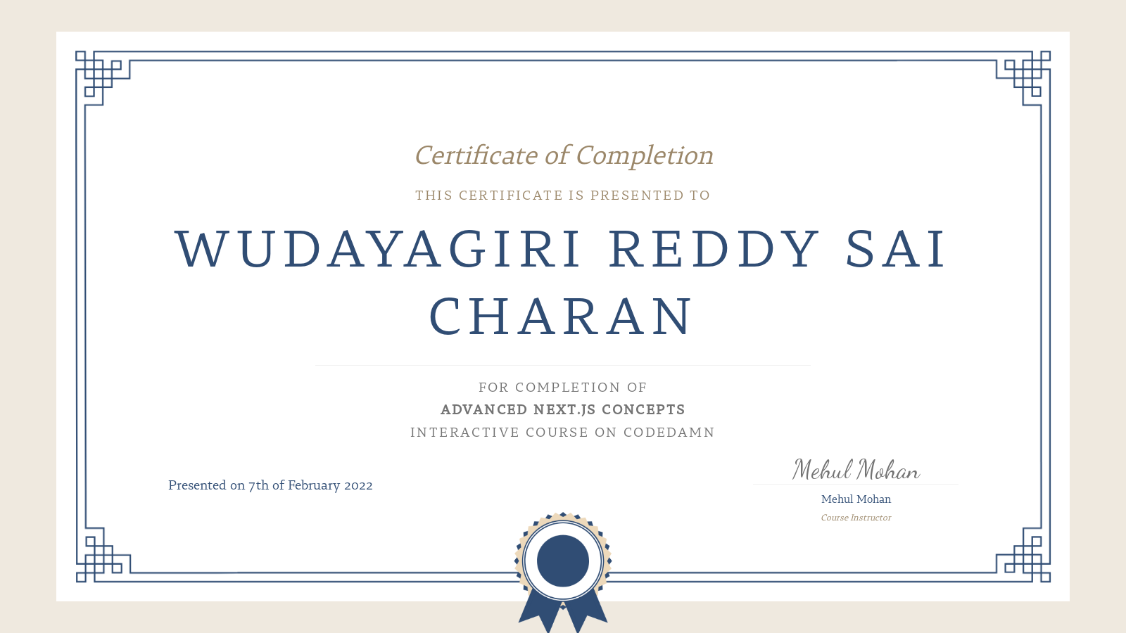 Wudayagiri Reddy Sai Charan's certification for Advanced Next.js ...