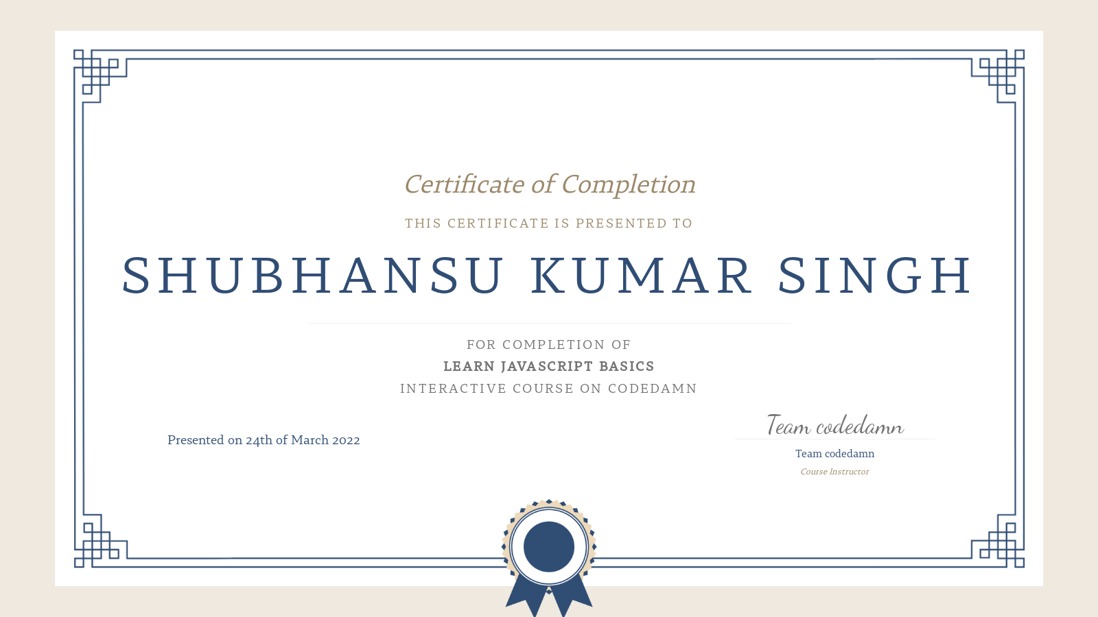 Shubhansu Kumar Singhs Certification For Learn Javascript Basics Codedamn 9770