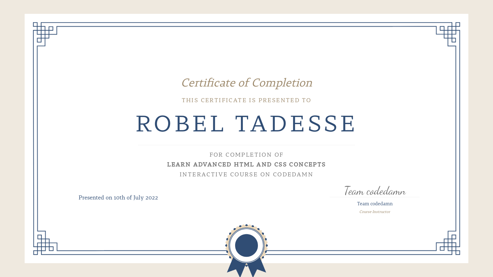 robel tadesse's certification for Learn Advanced HTML and CSS Concepts [Updated - 2023] | codedamn