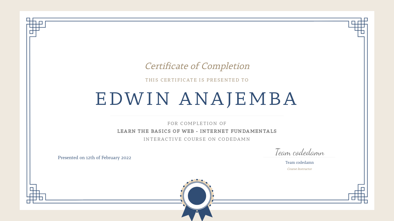 Edwin Anajembas Certification For Learn The Basics Of Web Internet Fundamentals Codedamn