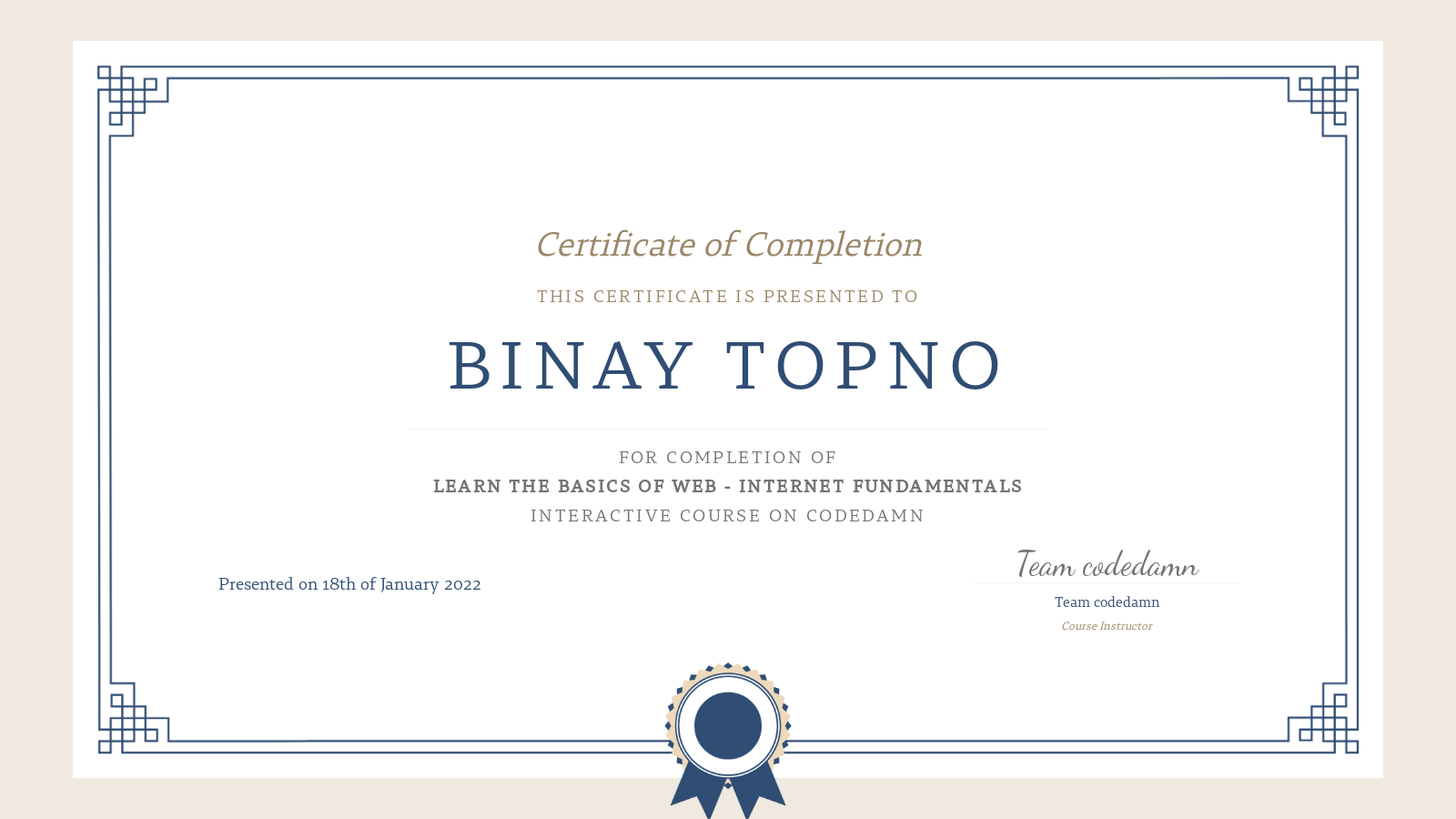Binay Topno's certification for Learn the basics of web - Internet fundamentals | codedamn